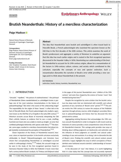 Evolutionary Anthropology 2021 Madison Brutish Neanderthals History Of A Merciless