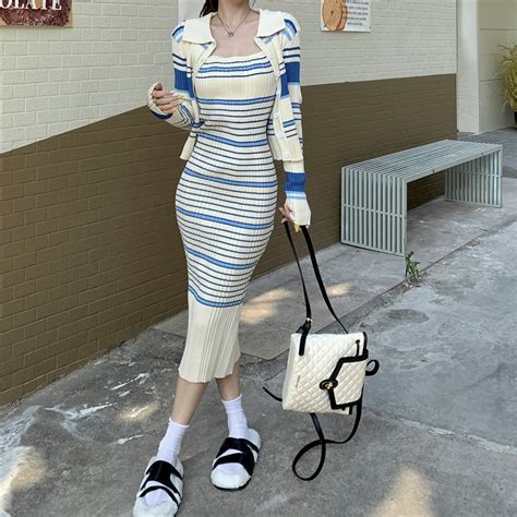 코디세트언밸 배색 스트라이프 패턴 카라 니트 가디건스퀘어넥 슬림핏 니트 나시 롱원피스 세트 St121918