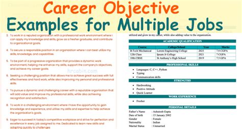 General Resume Career Objective Examples For Freshers Apply To Multiple Jobs