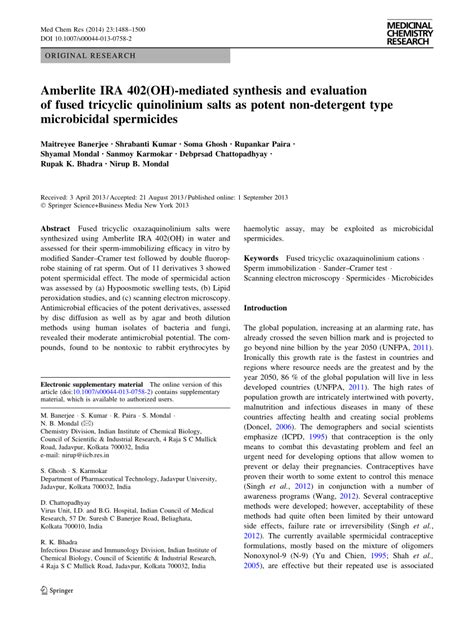 Pdf Amberlite Ira 402oh Mediated Synthesis And Evaluation Of Fused