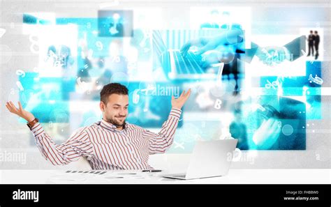 Business Person At Desk With Modern Tech Images At Background Stock Photo Alamy