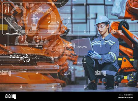 Engineer Staff Using Laptop Computer Technology Software Program Robot