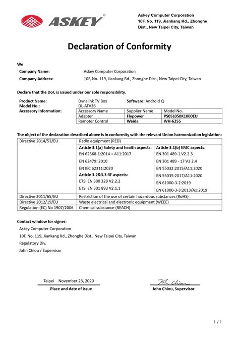 Askey Computer Corp F No JIANKANG RD ZHONGHE STI