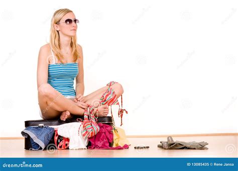 Girl On Suitcase Packing Stock Image Image Of Vacation 13085435
