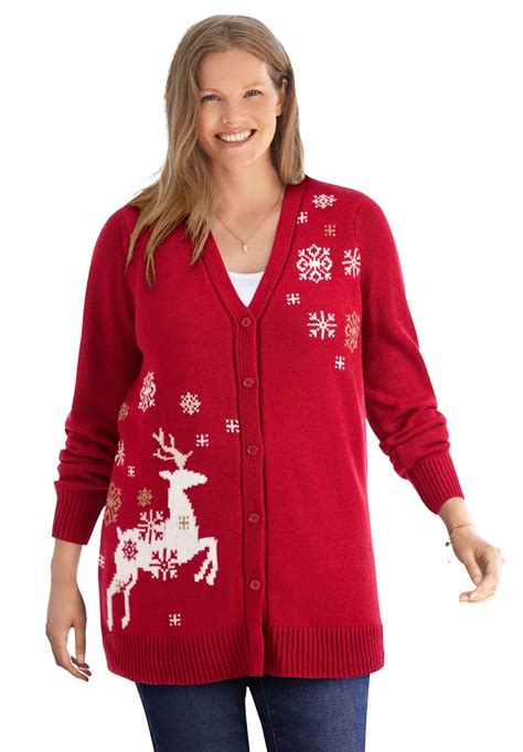 Woman Within Plus Size Holiday Motif Cardigan Sweater