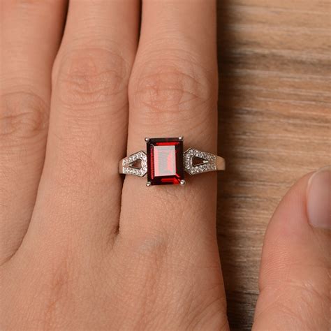 Emerald Cut Garnet Engagement Ring For Women Sterling Silver Etsy