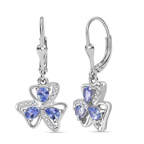 Tanzanite White Zircon Floral Earrings In Rhodium Overlay Sterling