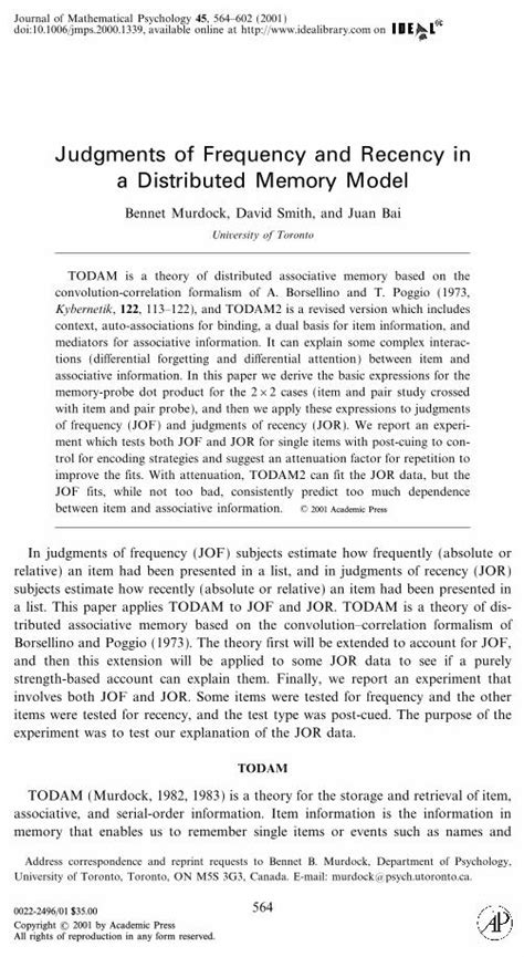 Pdf Judgments Of Frequency And Recency In A Distributed Memory Model Dokumentips