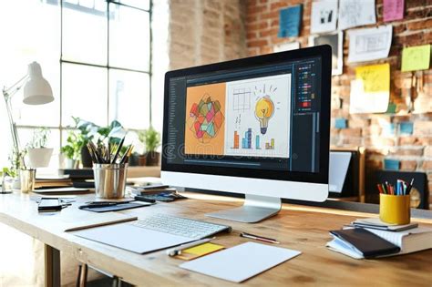 Modern Workspace With Computer Displaying Design And Data Stock Illustration Illustration Of