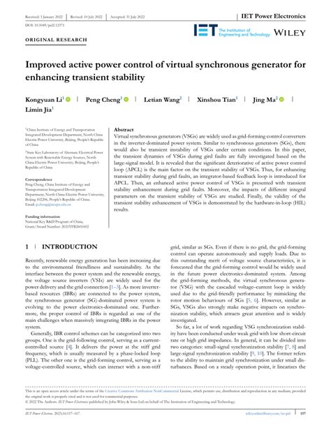 Pdf Improved Active Power Control Of Virtual Synchronous Generator For Enhancing Transient