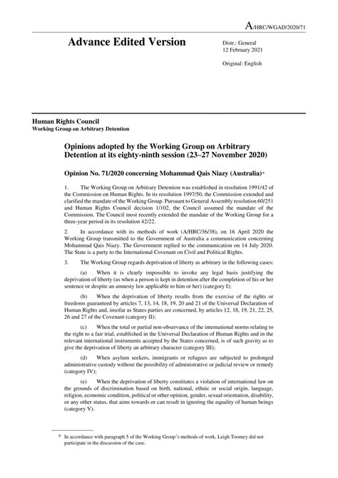 Wgad Opinion No 71 2020 Detention Of Mohammad Qais Niazy In Australia
