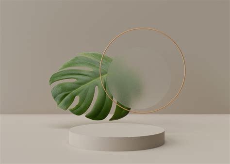 연한 갈색 배경에 열대 잎이 있는 원형 연단 제품 코스메틱 프레젠테이션을 위한 연단 모의 페데스탈 또는 미용 제품용 플랫폼 빈 장면 3d 렌더링 프리미엄 사진