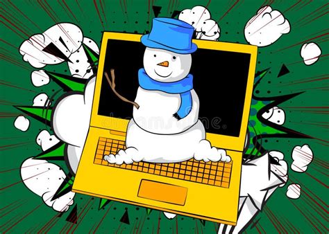 Cartoon Laptop Comic Book Notebook With Snowman Retro Vector Comics Design Stock Vector