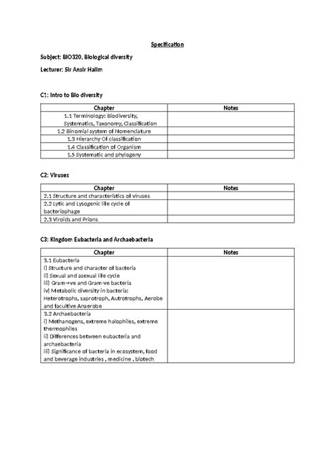 Specification Specification Subject Bio320 Biological Diversity