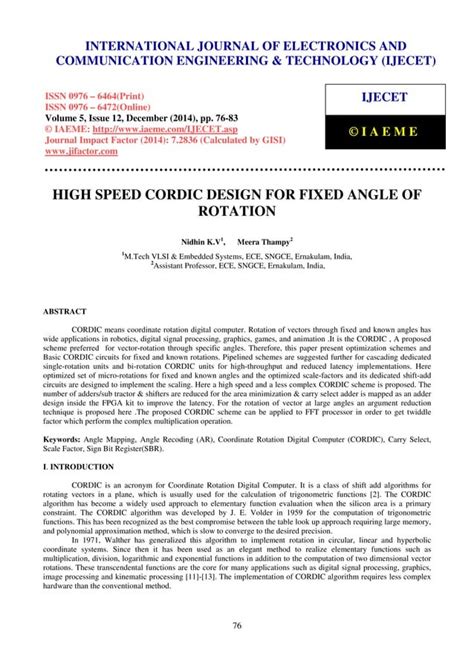 High Speed Cordic Design For Fixed Angle Of Rotation Pdf