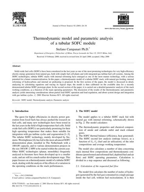 pdf thermodynamic model and parametric analysis of a tubular sofc
