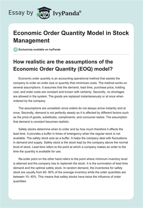 Economic Order Quantity Model In Stock Management 894 Words Essay Example