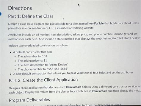 Solved Directions Part 1 Define The Class Design A Class Chegg Com