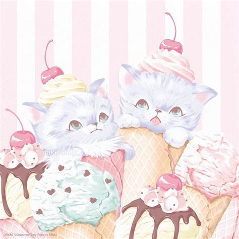 Pink Kitten Illustration Cute Kitten Ice Cream Cute Kawaii Vintage