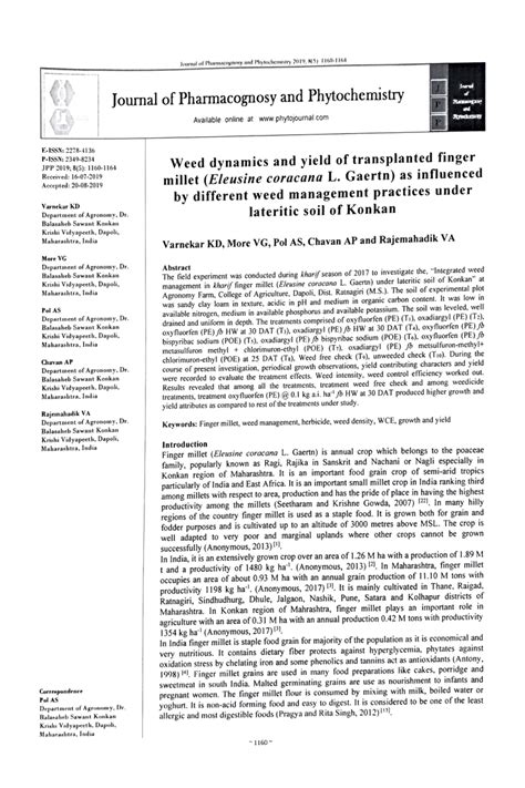 Pdf Weed Dynamics And Yield Of Transplanted Finger Millet Eleusine