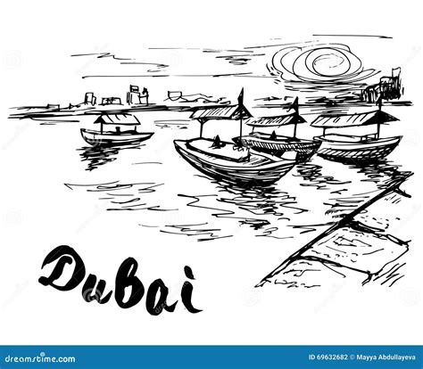 Wharf Drawing Empty Boats Vector Illustration