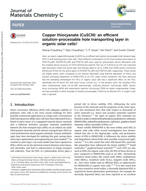 Pdf Copper Thiocyanate Cuscn An Efficiency Solution Processable