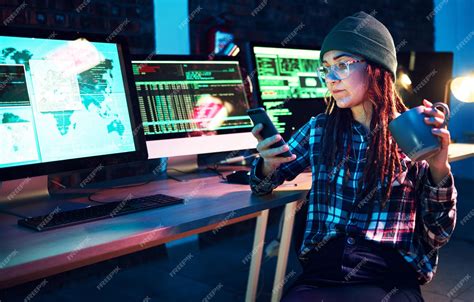 Premium Photo Phone Cyber Security Or Woman By Computer Screen In