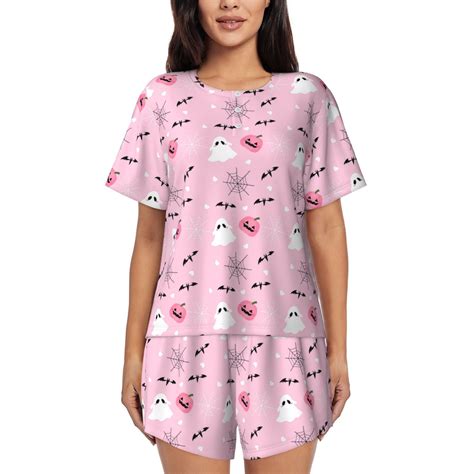 Cauagu Bat And Pumpkin For Womens Round Neck Pajama Setshort Sleeved