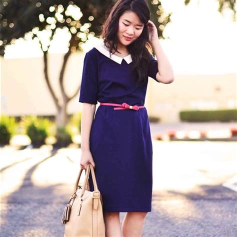 New Navy Blue White Collar Pencil Midi Dress Invierno