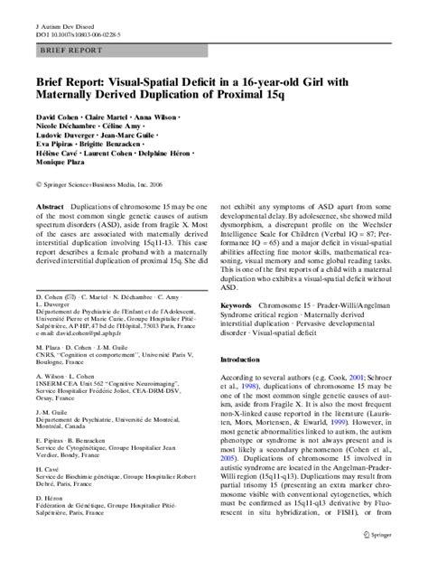 Pdf Brief Report Visual Spatial Deficit In A 16 Year Old Girl With Maternally Derived