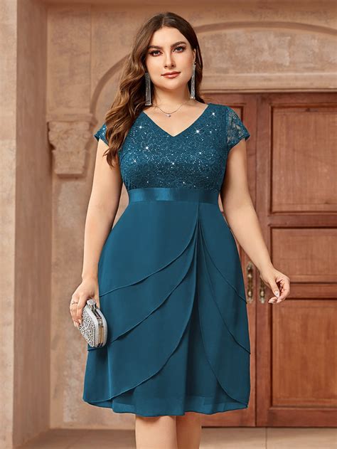 Miusol Womens Plus Size Sequin Lace V Neck Ruffle Trim Chiffon Hem