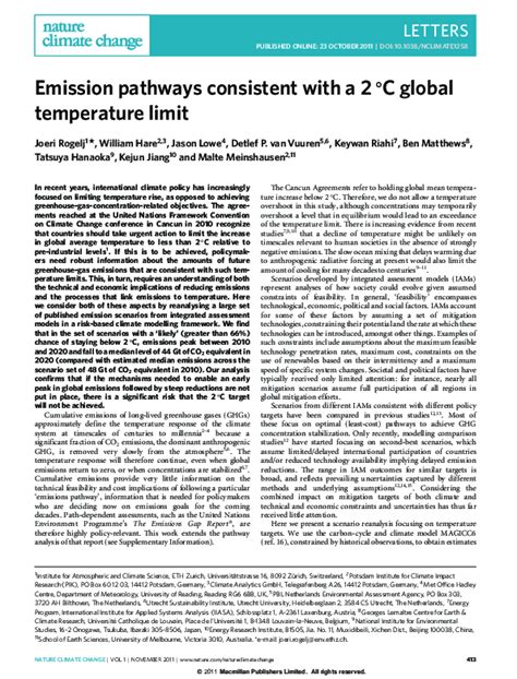 Pdf Emission Pathways Consistent With A 2 °c Global Temperature Limit