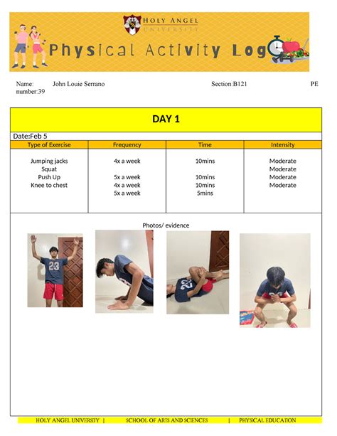 7tpe2 Physical Activity Log Template Name John Louie Serrano Section