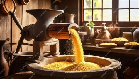 Traditional Corn Grinding Using A Stone Mill With Corn Kernels Being Ground Into Flour Premium