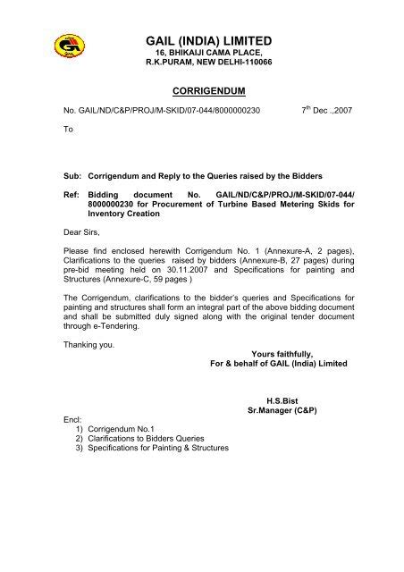 Corrigendum I Regarding Tender Document Gail
