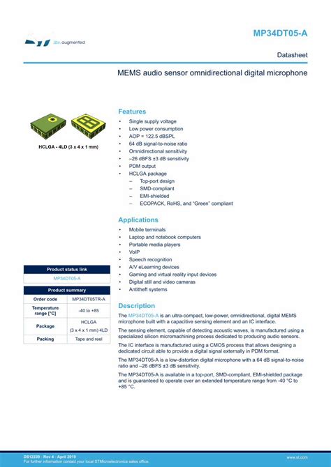 Pdf Datasheet Mp34dt05 A Mems Audio Sensor Omnidirectional