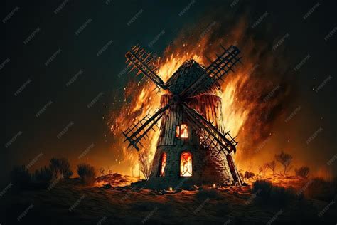 Premium Ai Image Burning Old Windmill On Fire At Night Created With