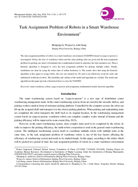 Pdf Task Assignment Problem Of Robots In A Smart Warehouse Environment