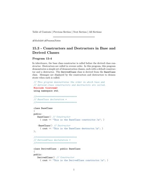 Constructors And Destructors In Base And Derived Classes Table Of Contents Previous