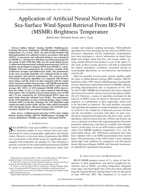 Pdf Application Of Artificial Neural Networks For Sea Surface Wind Speed Retrieval From Irs P4