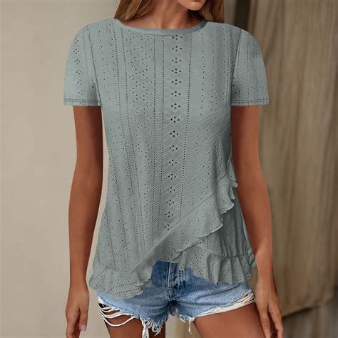 Iroinnid Womens Solid Color Round Neck Short Sleeve Lace Hem T Shirt