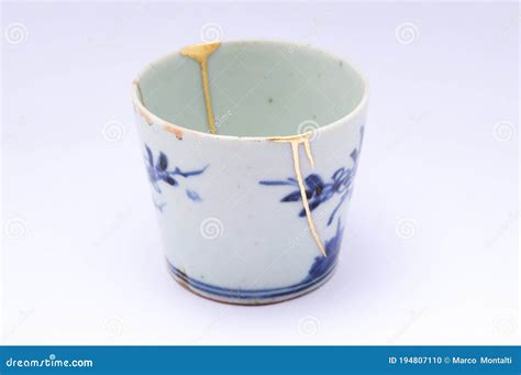 Antique Beautiful Soba Cup Restored With Kintsugi Gold Technique Stock