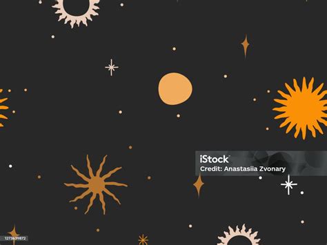 손으로 그린 벡터 추상 플랫 스톡 그래픽 아이콘 그림 스케치 부드러운 패턴 천체 달 태양과 별 검은 배경에 고립 된 신비하고 간단한 콜라주 모양 검은색에 대한 스톡 벡터