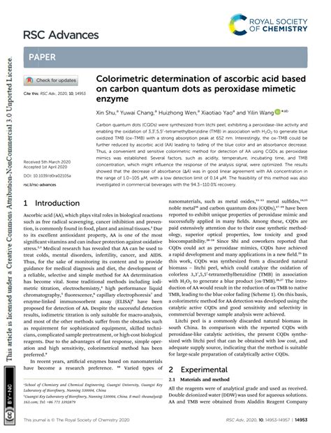 Pdf Colorimetric Determination Of Ascorbic Acid Based On Carbon Quantum Dots As Peroxidase