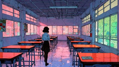 Futuristic Anime School With Holographic Classrooms And Neon Lit