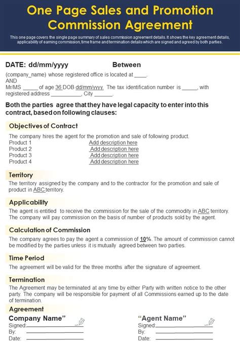 One Page Sales And Promotion Commission Agreement Pdf Document Ppt Template