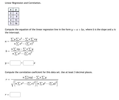 Solved Linear Regression and Correlation.\table[[x,y | Chegg.com