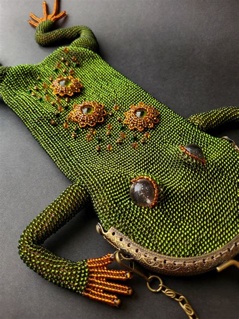 Frog Toad Handmade Beaded Bag Green Orange Crocheted Amphibians Purse Unique Birthday T