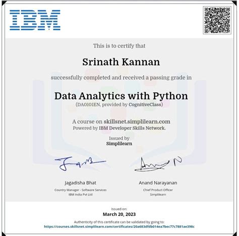 Final Certificate On Data Analytics With Python From Ibm Issued By