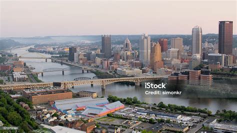 Pittsburgh Downtown Skyline With Three Rivers And Bridges Aerial View